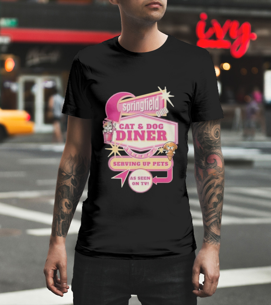 Springfield Cat And Dog Diner Serving Up Pets As Seen On TV Retro Neon Sign T-Shirt