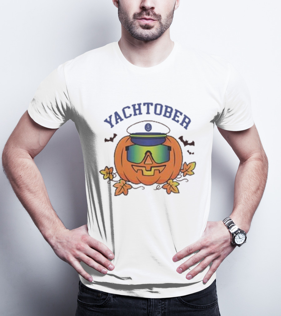 Yachtober Captain Pumpkin With Sunglasses And Bats T-Shirt