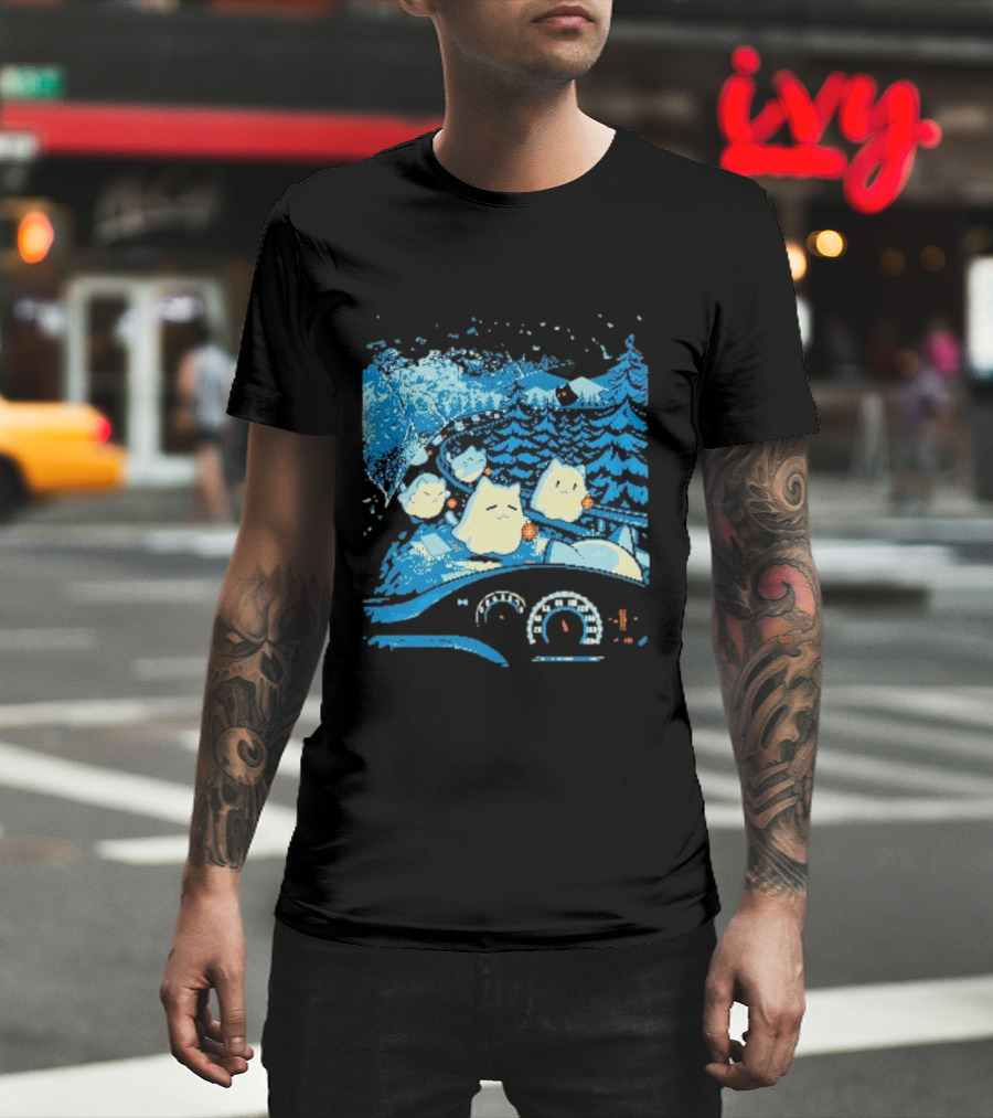 Haunted Road Pixel Art Ghost Cats Forest Adventure T-Shirt