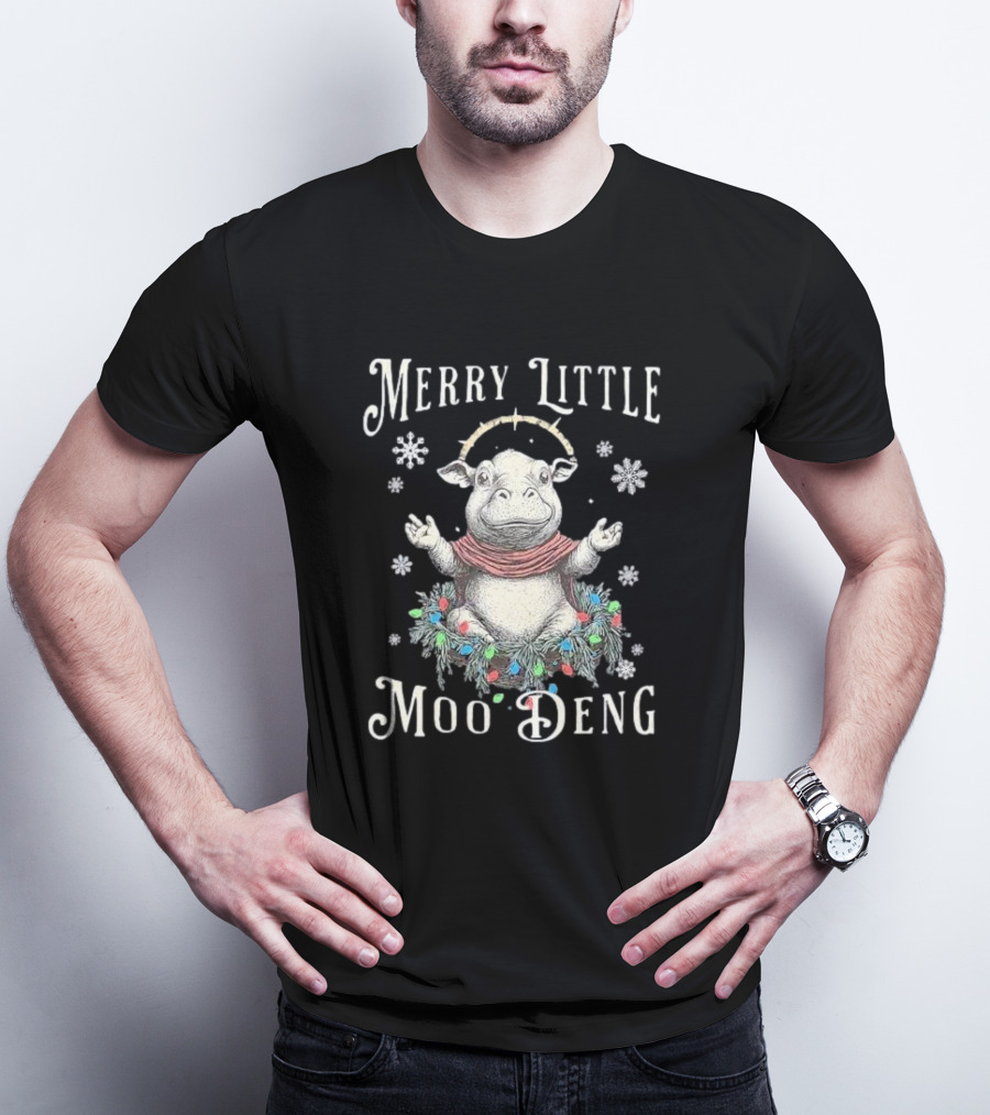 Merry Little Moo Deng Cute Christmas Hippo Surrounded By Snowflakes And Festive Wreath T-Shirt