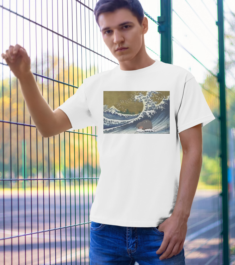 Moo Deng Surfing The Great Wave Off Kanagawa Hybrid T-Shirt