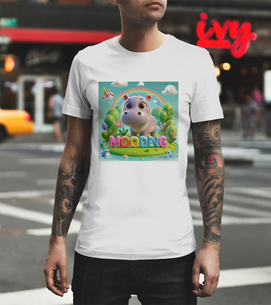 Moo-Deng The Famous Baby Pygmy Hippo Moo Deng Rainbow Meadow Scene T-Shirt