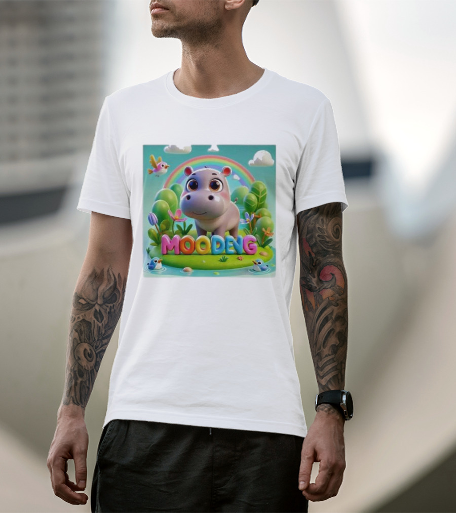 Moo-Deng The Famous Baby Pygmy Hippo Moo Deng Rainbow Meadow Scene T-Shirt