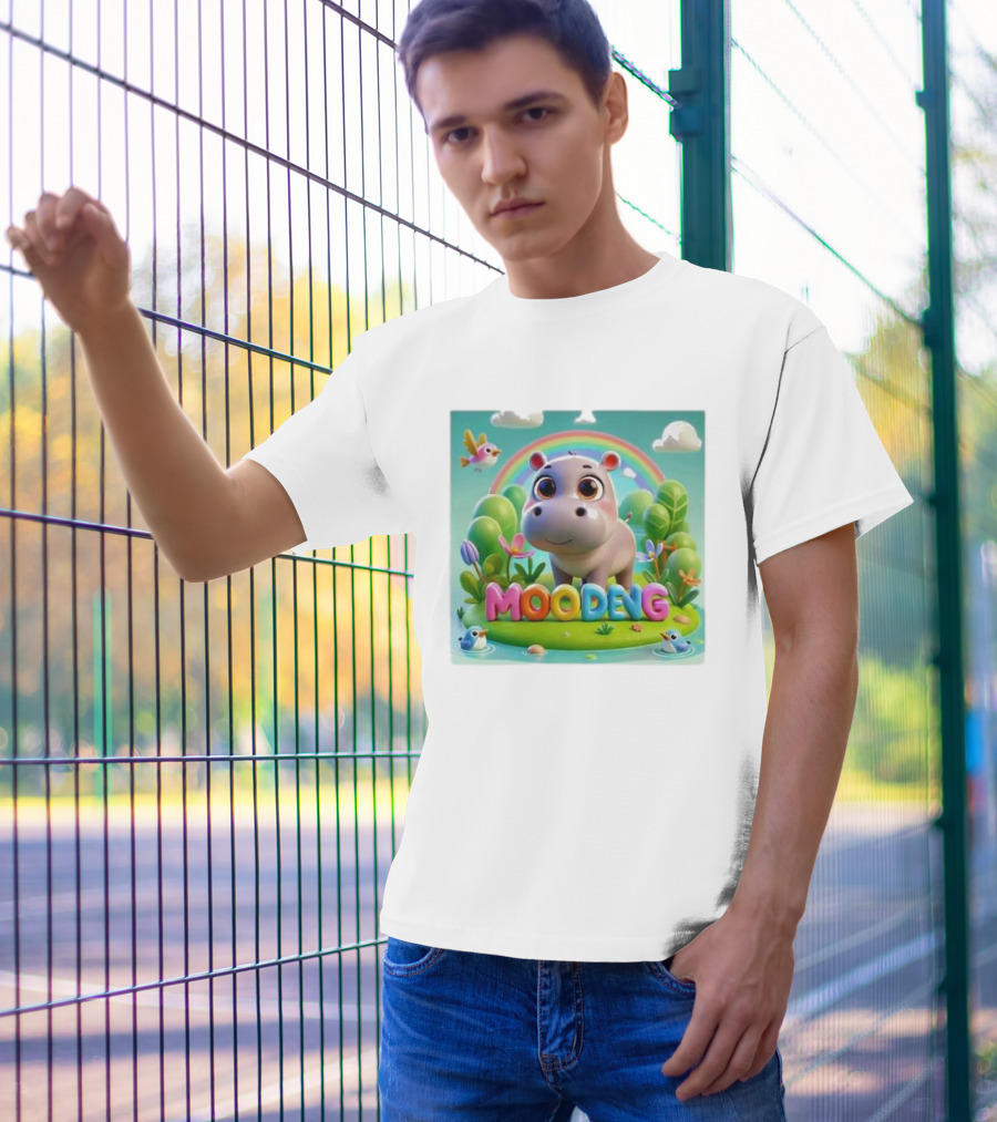 Moo-Deng The Famous Baby Pygmy Hippo Moo Deng Rainbow Meadow Scene T-Shirt