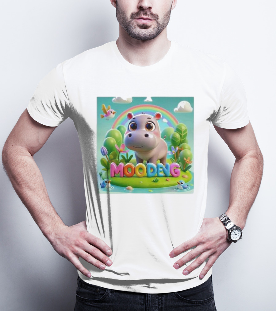 Moo-Deng The Famous Baby Pygmy Hippo Moo Deng Rainbow Meadow Scene T-Shirt