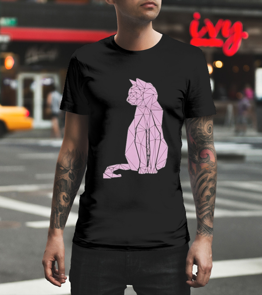 Geometric Cat Feline Pet Lover Minimalist Pink Line T-Shirt