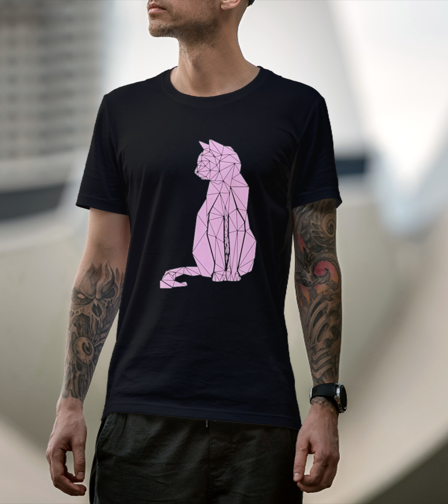 Geometric Cat Feline Pet Lover Minimalist Pink Line T-Shirt