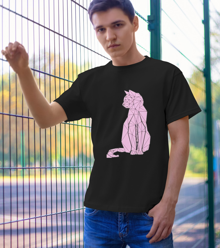 Geometric Cat Feline Pet Lover Minimalist Pink Line T-Shirt