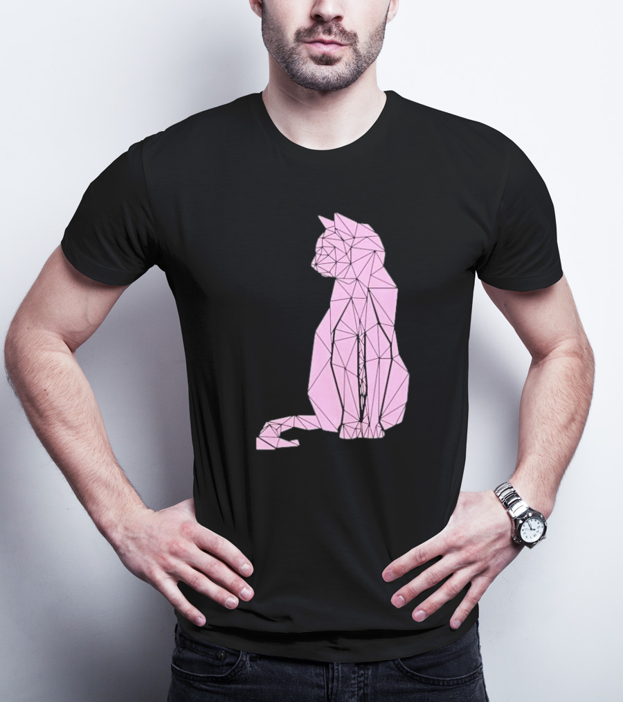 Geometric Cat Feline Pet Lover Minimalist Pink Line T-Shirt