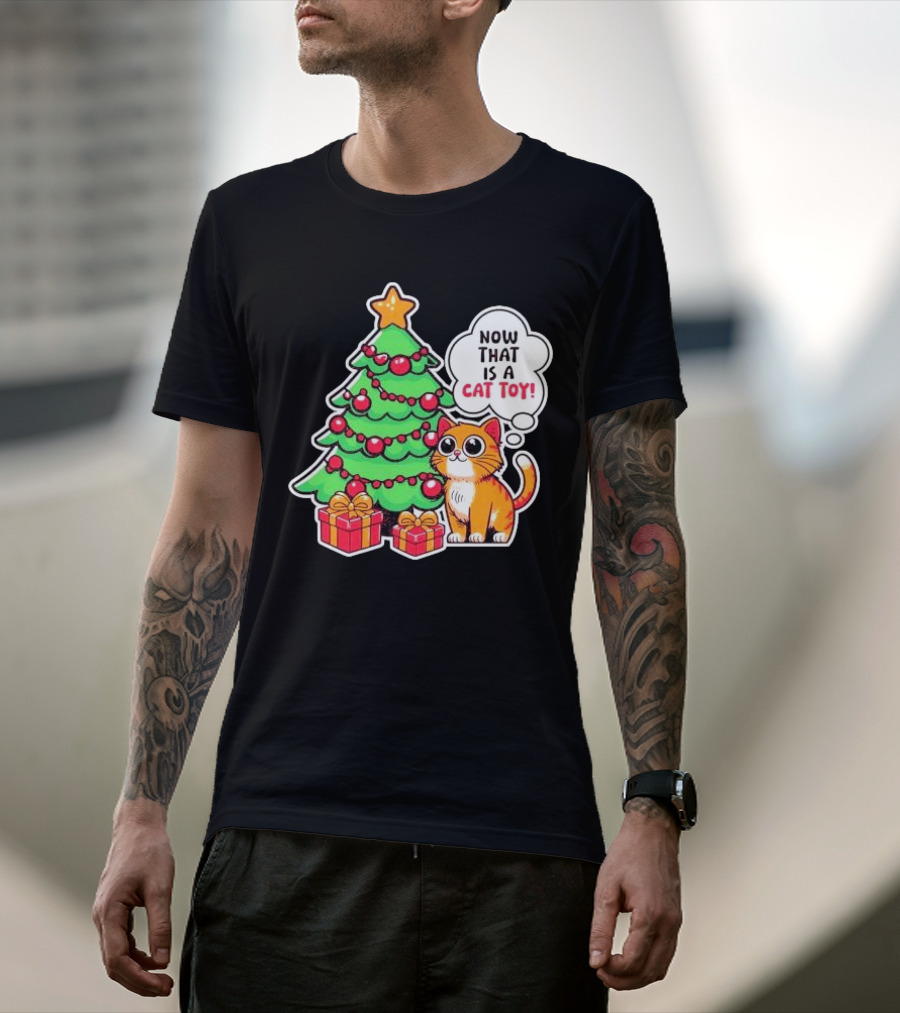 Now That Is A Cat Toy A Cute Orange Cat With Wide Eyes Next To Decorated Christmas Tree T-Shirt