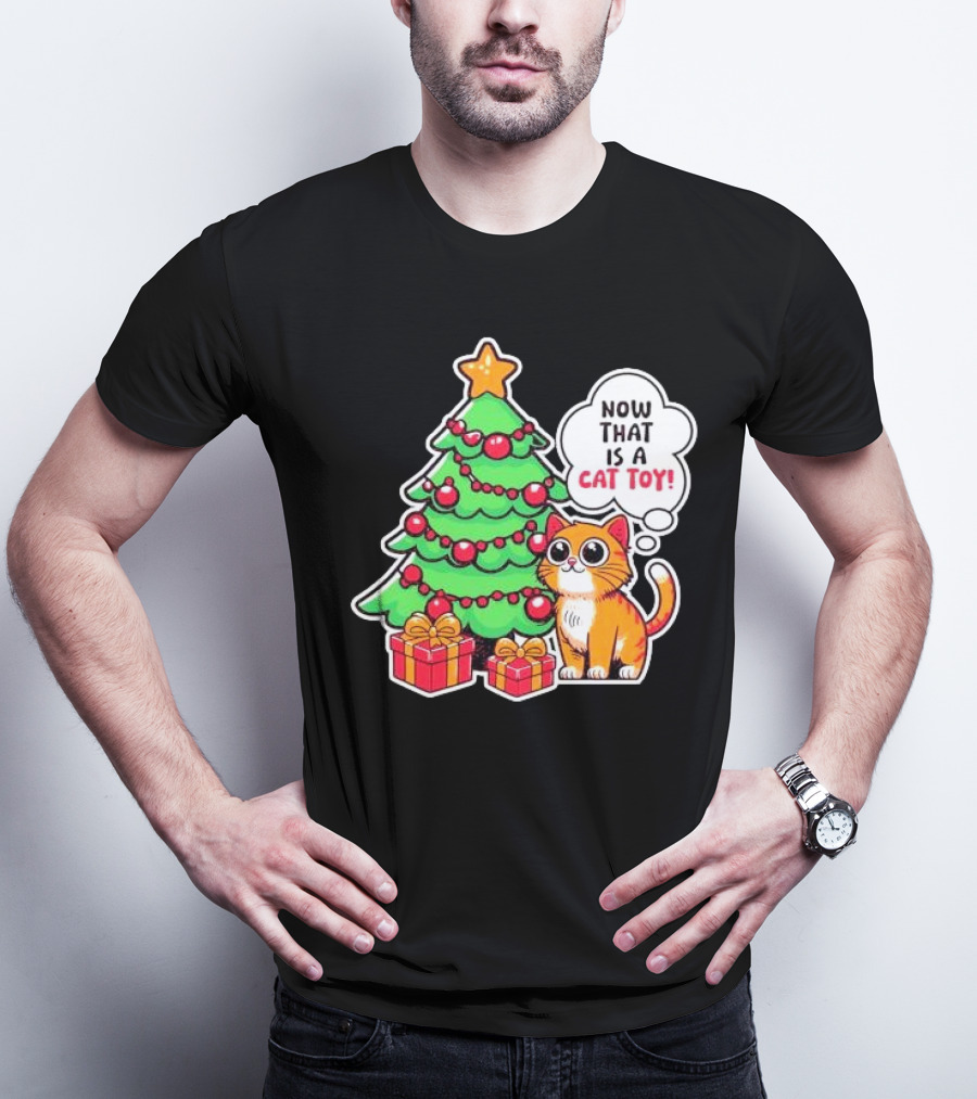 Now That Is A Cat Toy A Cute Orange Cat With Wide Eyes Next To Decorated Christmas Tree T-Shirt