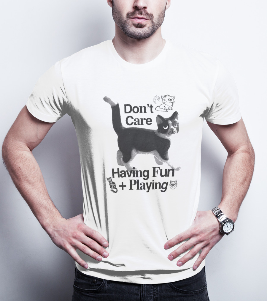 Don’t Care Having Fun Playing Cute Black Cat Sketch Art T-Shirt