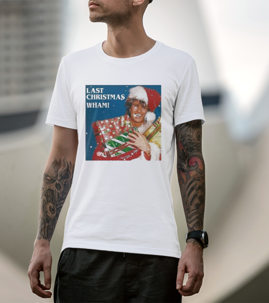 Last Christmas Wham George Michael Santa Hat Holding Gift T-Shirt