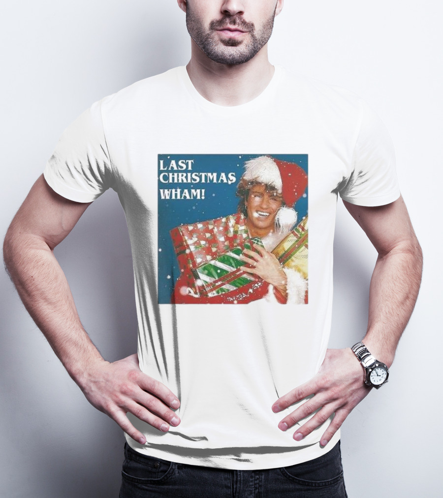 Last Christmas Wham George Michael Santa Hat Holding Gift T-Shirt