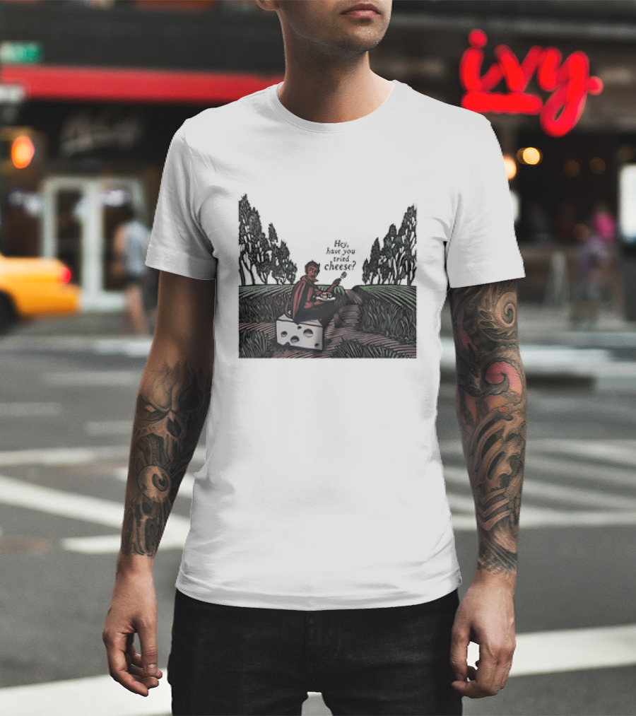 Devil Hey Have You Tried Cheese Sitting On Large Cheese Block In Countryside Scene T-Shirt
