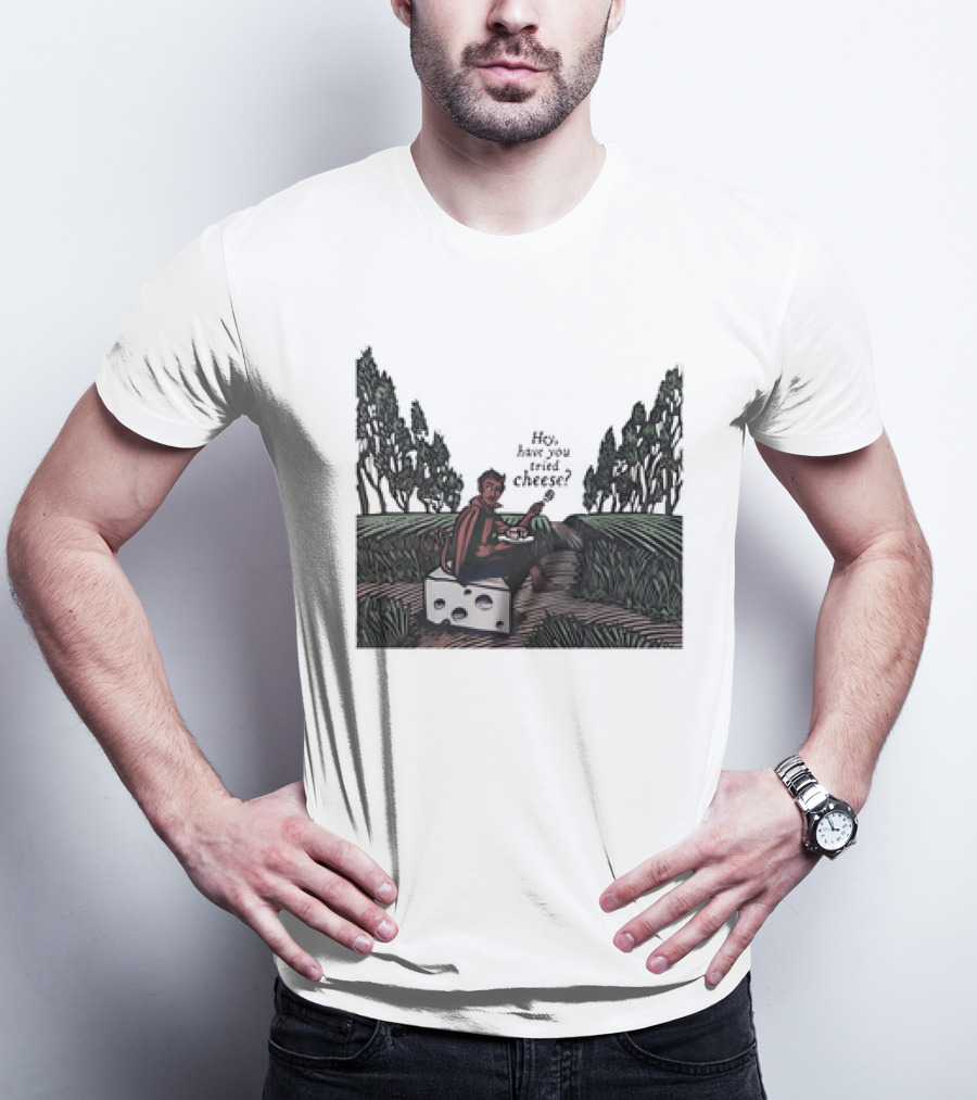Devil Hey Have You Tried Cheese Sitting On Large Cheese Block In Countryside Scene T-Shirt