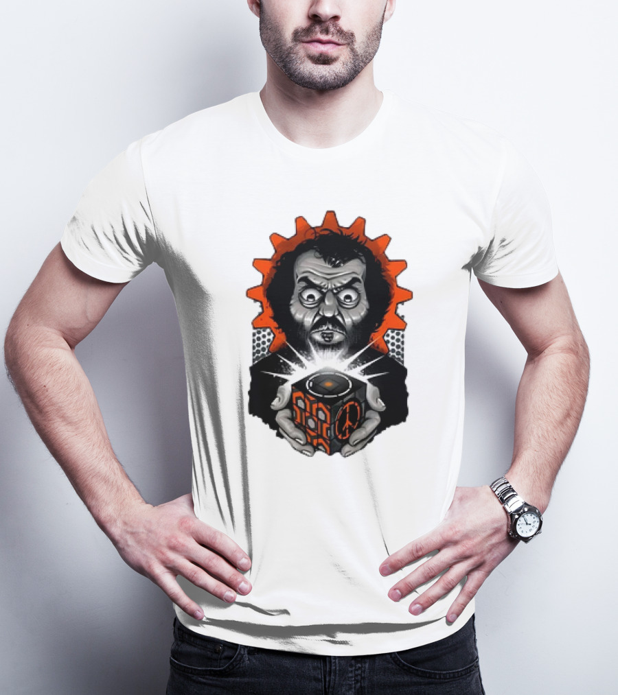 Stanley Kubrick Holding Glowing Cube With Orange Cogs And Geometric T-Shirt