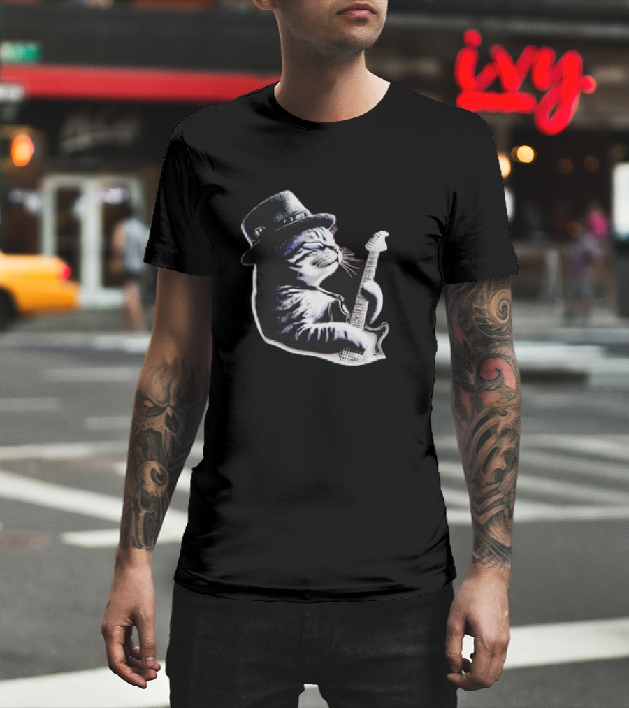 Cat Playing Guitar Funny Rock Music Guitar Cat T-Shirt