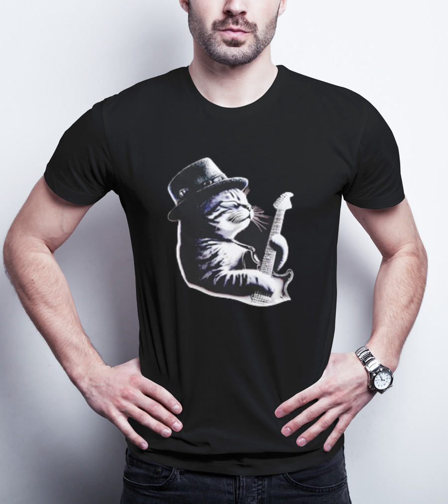 Cat Playing Guitar Funny Rock Music Guitar Cat T-Shirt