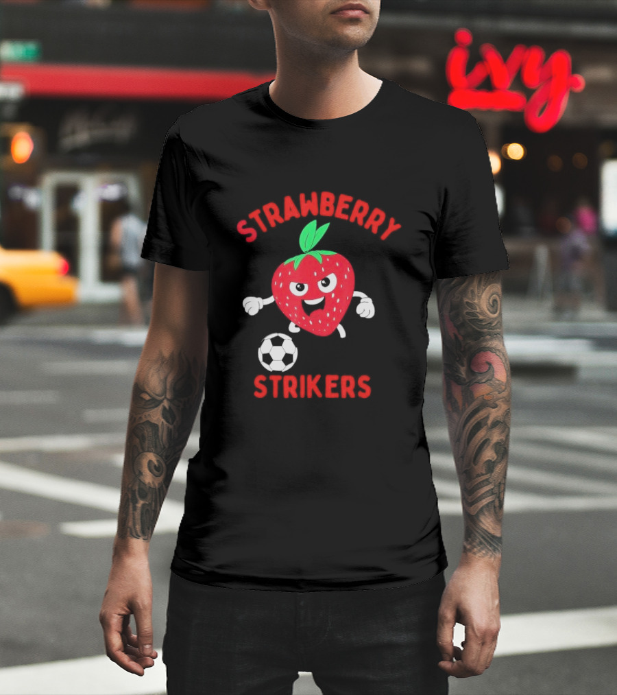 Strawberry Strikers Soccer Team Fun Cartoon With Soccer Ball T-Shirt