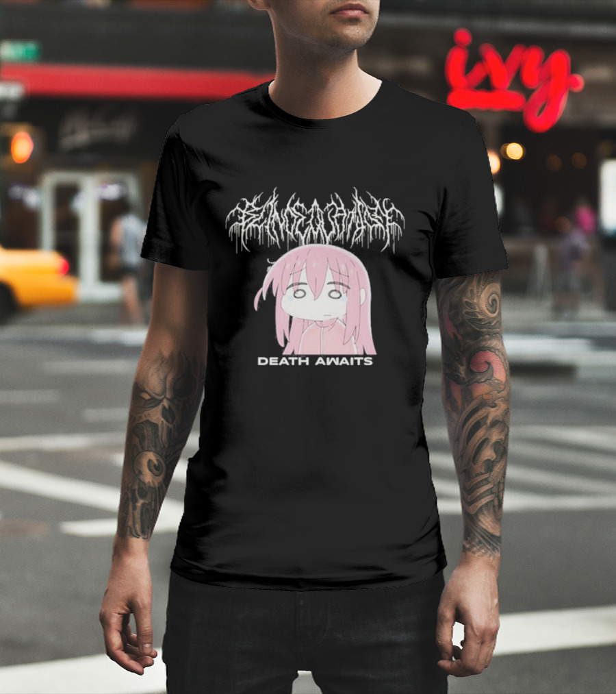 Bocchi The Rock Death Awaits Metal Style Art With Pink-Haired Character T-Shirt
