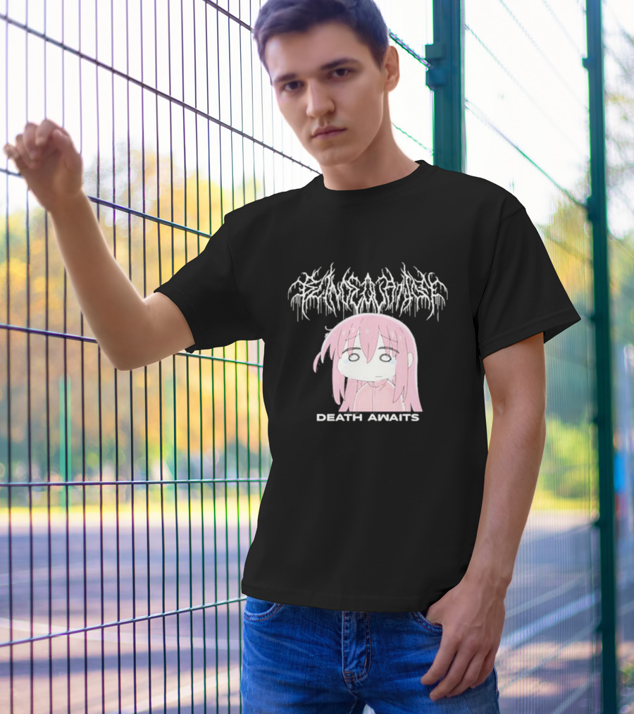 Bocchi The Rock Death Awaits Metal Style Art With Pink-Haired Character T-Shirt