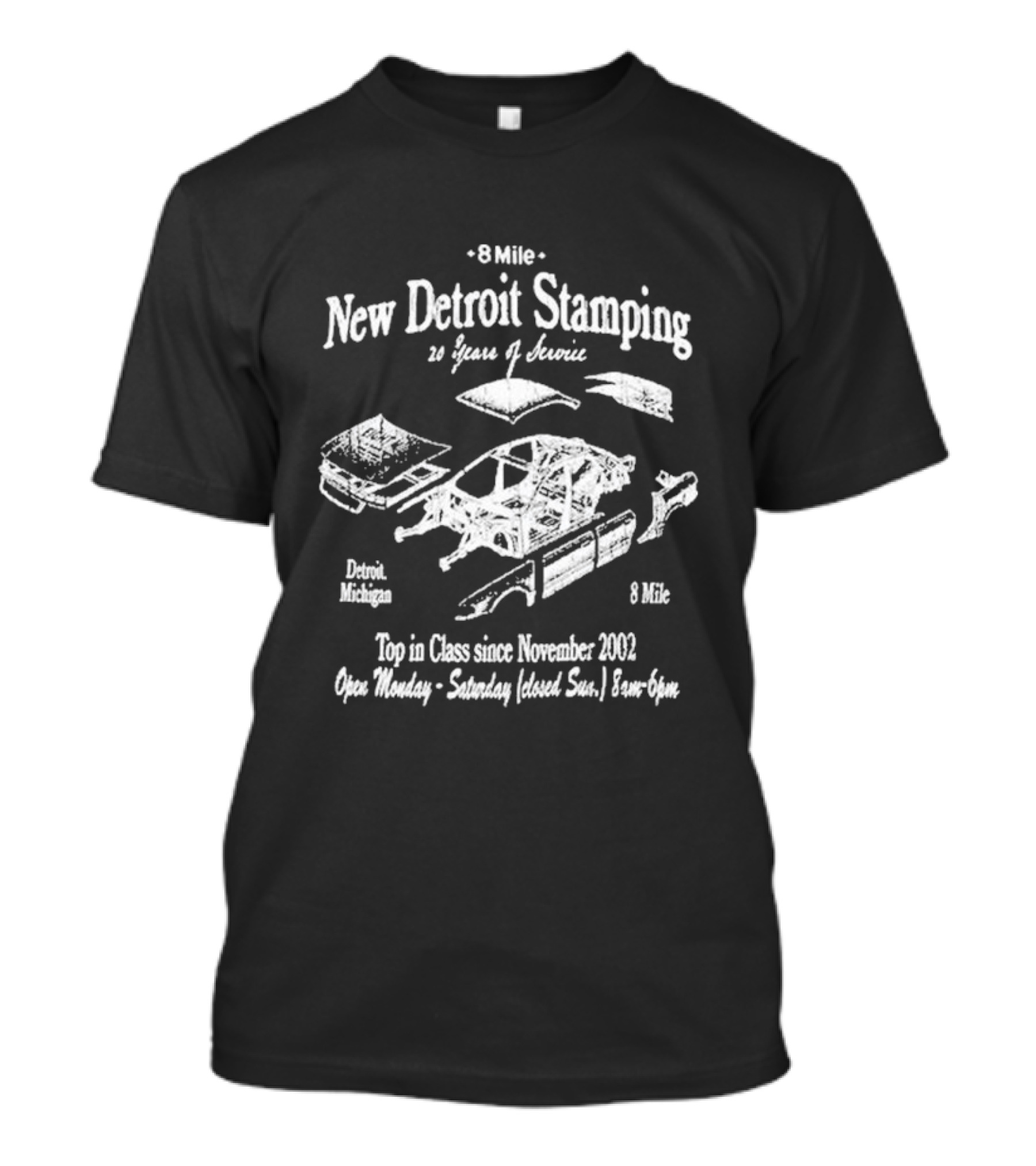 8 Mile New Detroit Stamping 20 Years Of Service Detroit Michigan Top In Class Since November 2002 T-Shirt