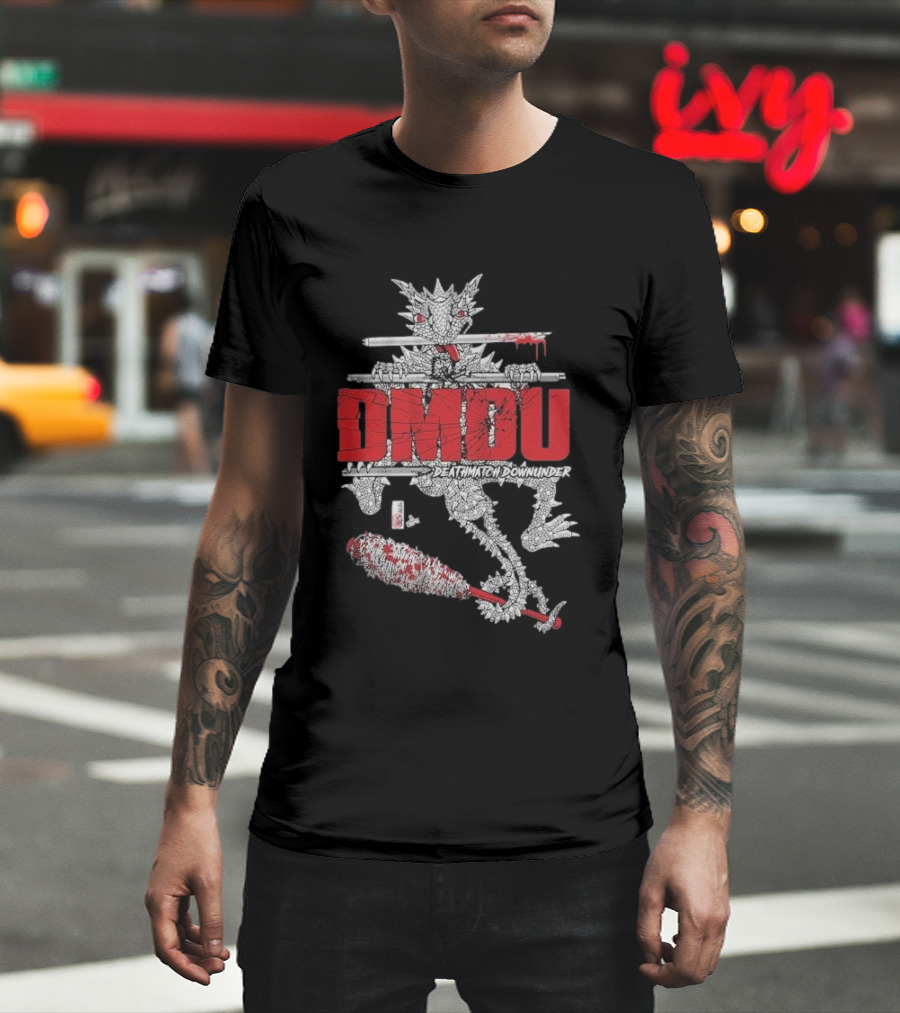 DMOU Deathmatch Downunder Dragon With Barbed Bat And Weaponry T-Shirt