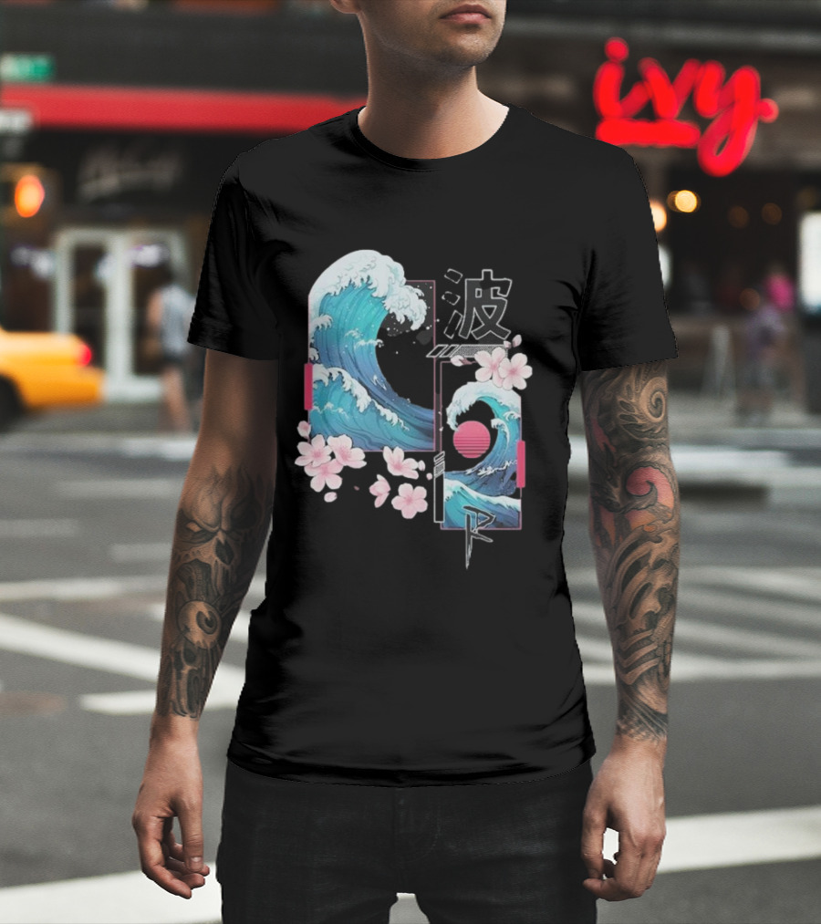 Pandorya Nami Cherry Blossom Wave Aesthetic Grnk T-Shirt