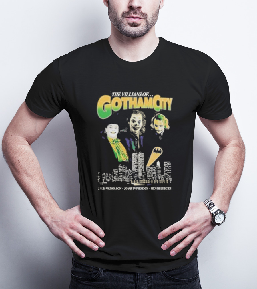 The Villains Of Gotham City Jack Nicholson Joaquin Phoenix Heath Ledger Joker Trio T-Shirt
