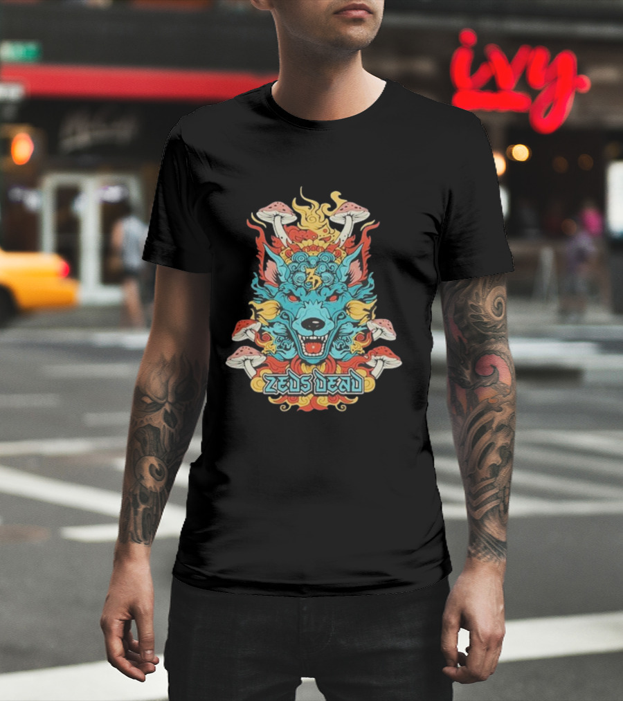 Zeds Dead Psychedelic Wolf And Mushrooms Imagery Navy T-Shirt