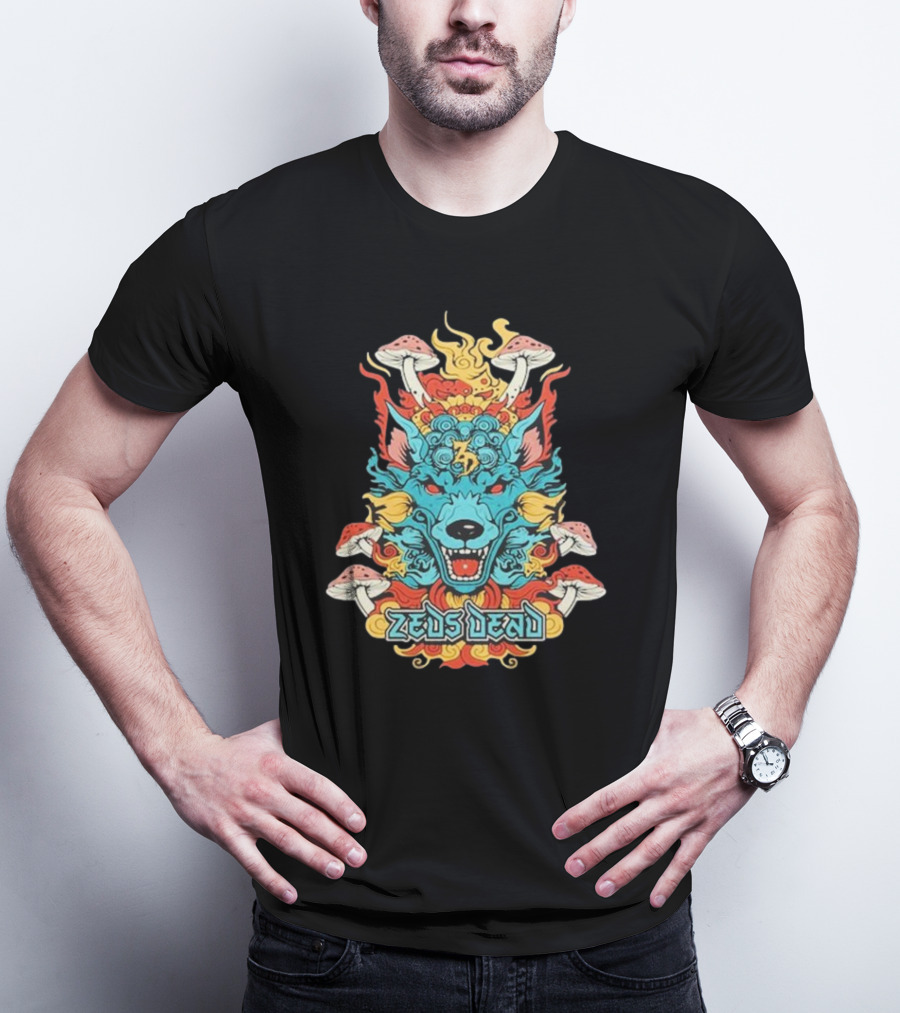 Zeds Dead Psychedelic Wolf And Mushrooms Imagery Navy T-Shirt