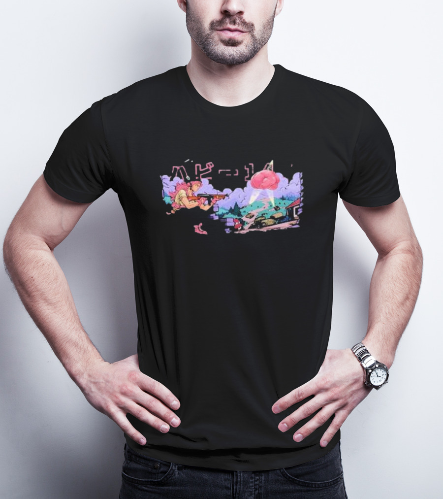Gamer Supps Waifu Cups X Habie Sci-Fi Battle Scene With Laser And Floating Brain T-Shirt