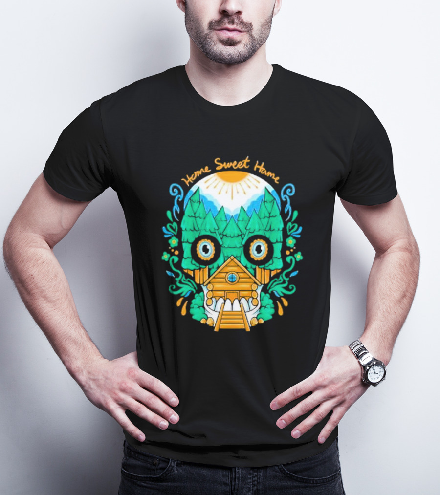 Home Sweet Home Nature Skull With Cabin In Spooky Atmosphere T-Shirt