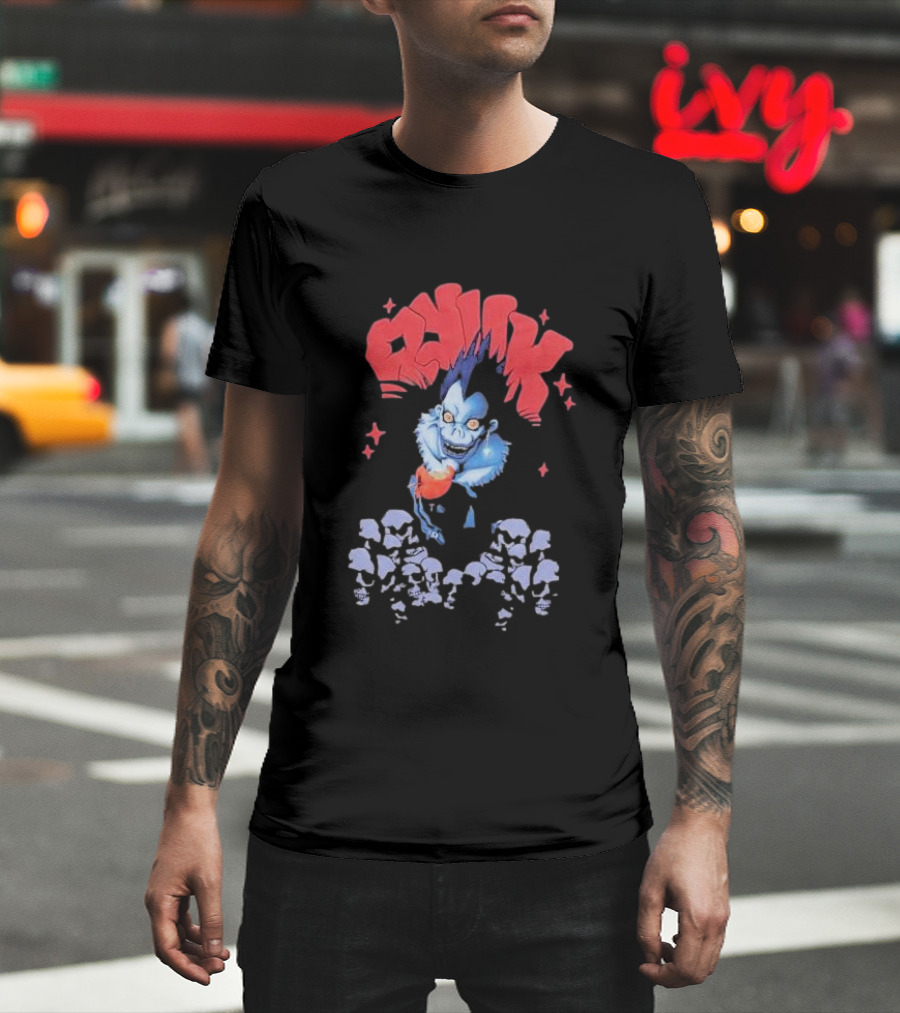 Death Note Ryuk Skull Puff Print Character With Red Spiked Lettering And Skulls T-Shirt