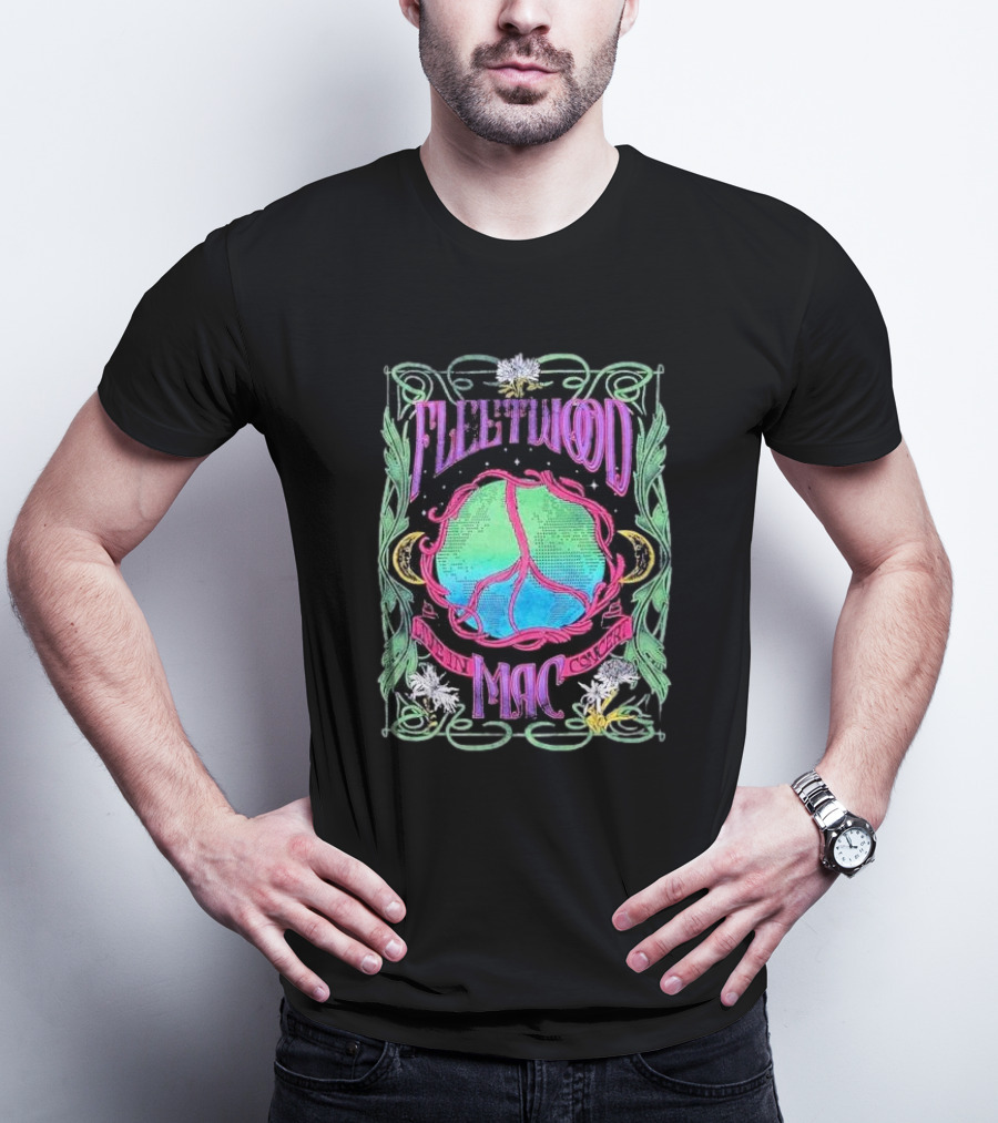 Fleetwood Mac World Peace Live Concert Graphic With Peace Symbol And Floral Motif T-Shirt