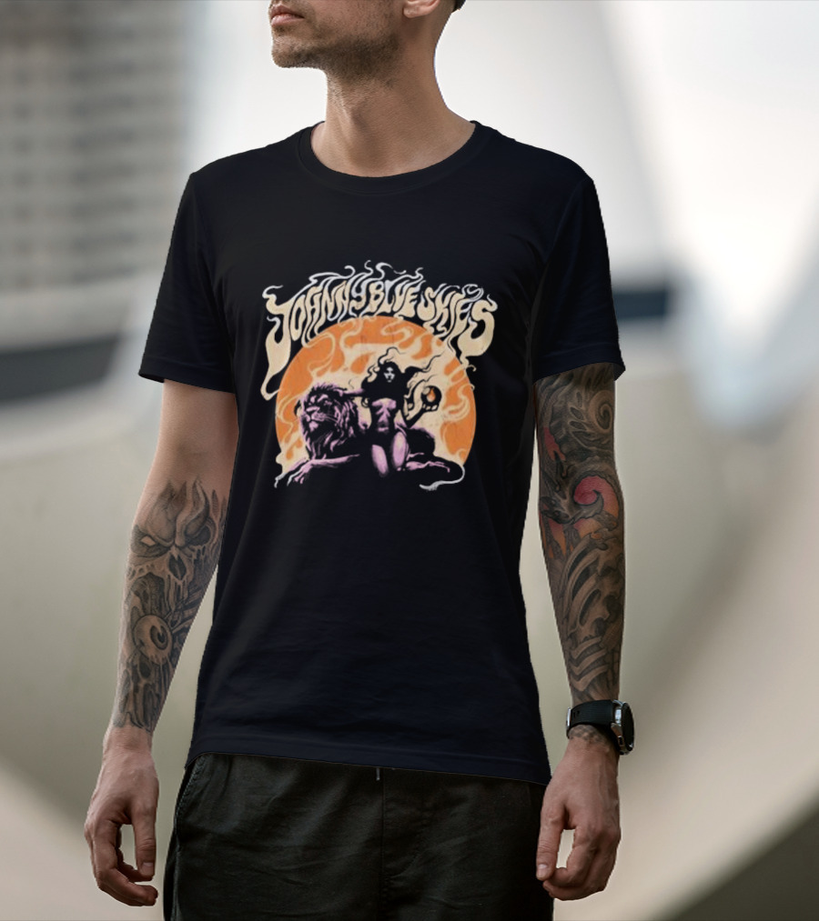 Johnny Blue Skies Sorceress With Lion Orange Background T-Shirt