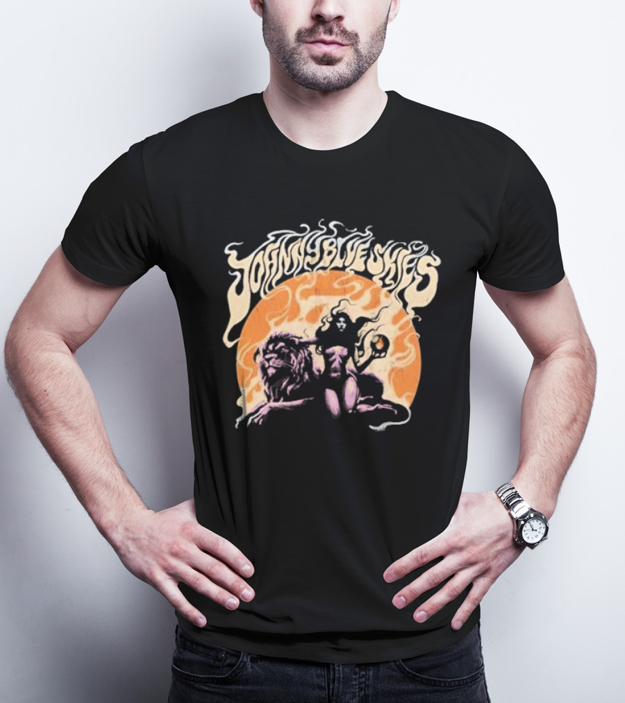 Johnny Blue Skies Sorceress With Lion Orange Background T-Shirt