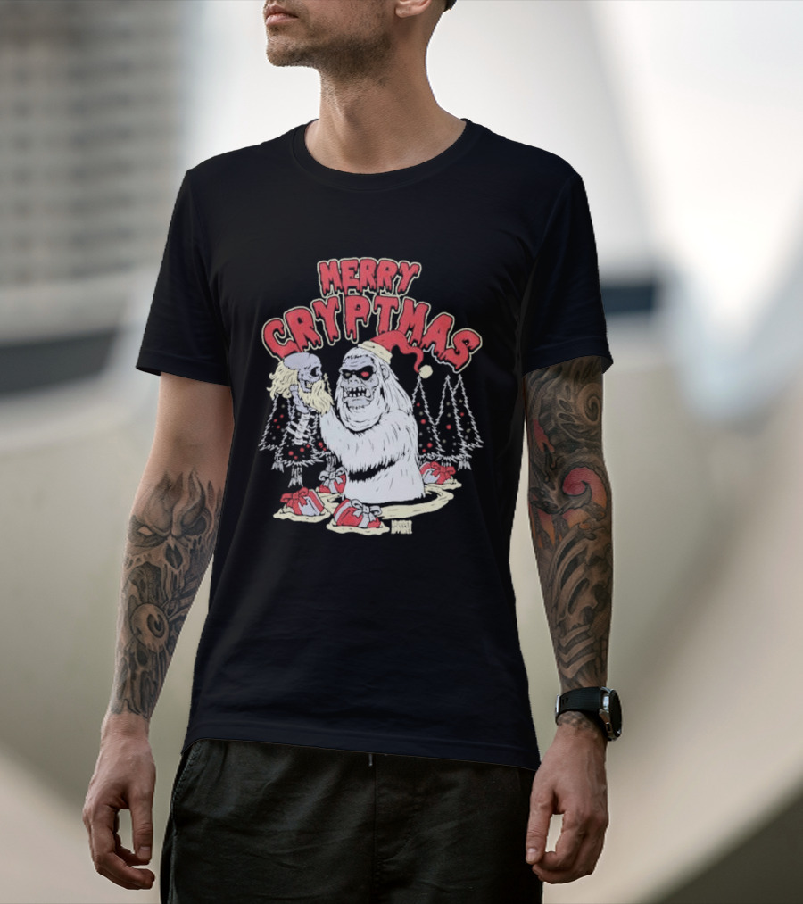 Merry Cryptmas Yeti Skull Santa Dark Humor T-Shirt