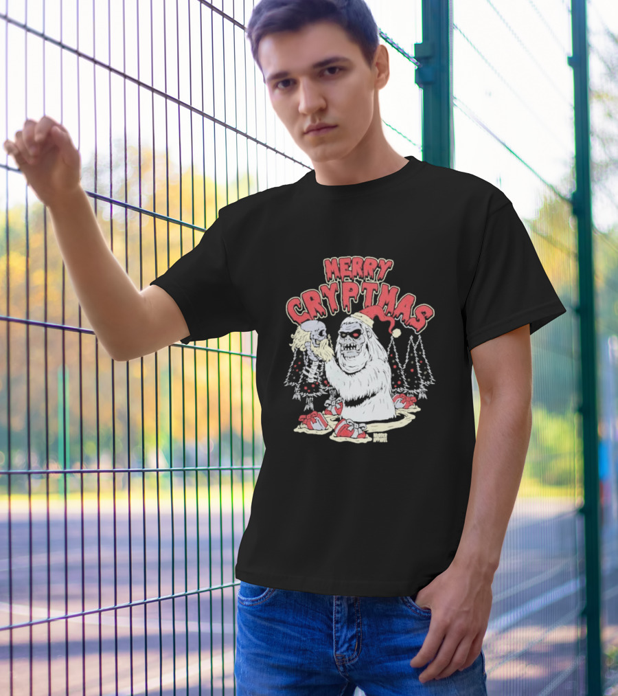Merry Cryptmas Yeti Skull Santa Dark Humor T-Shirt