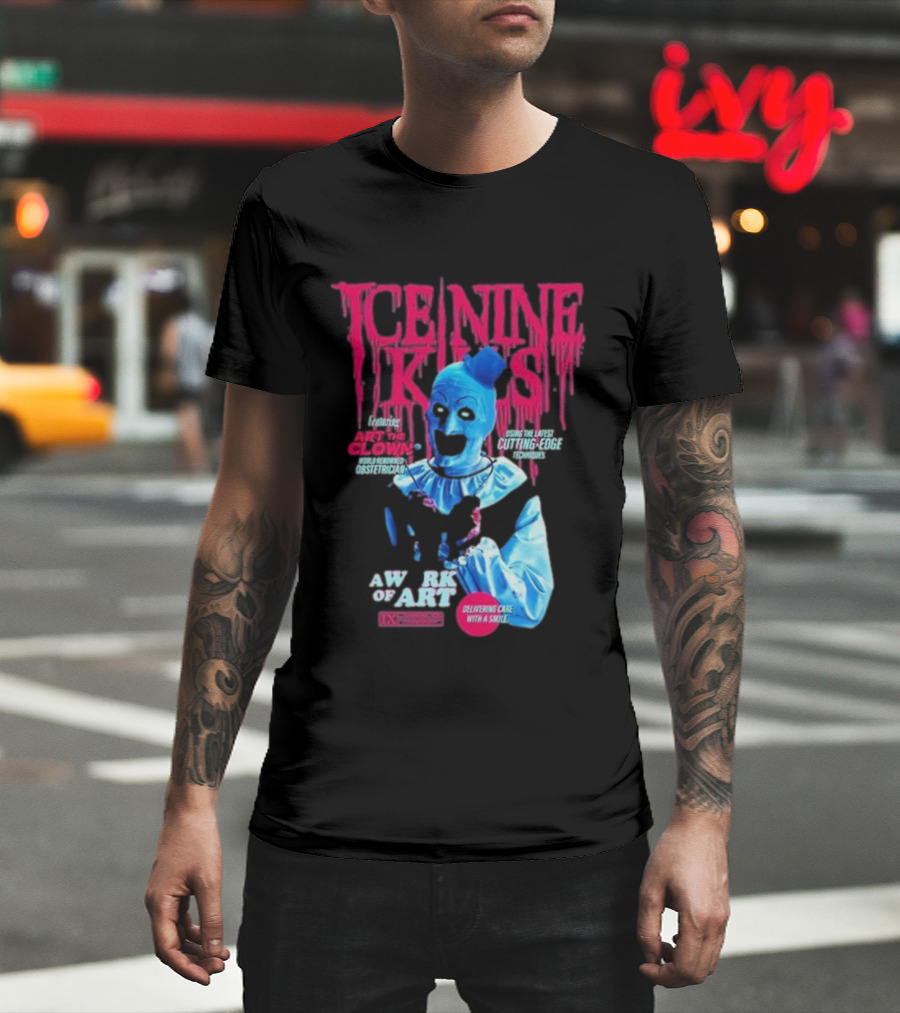 Rock Abilia Ice Nine Kills Black Featuring Art The Clown Cutting Edge Delivering Cake With A Smile T-Shirt
