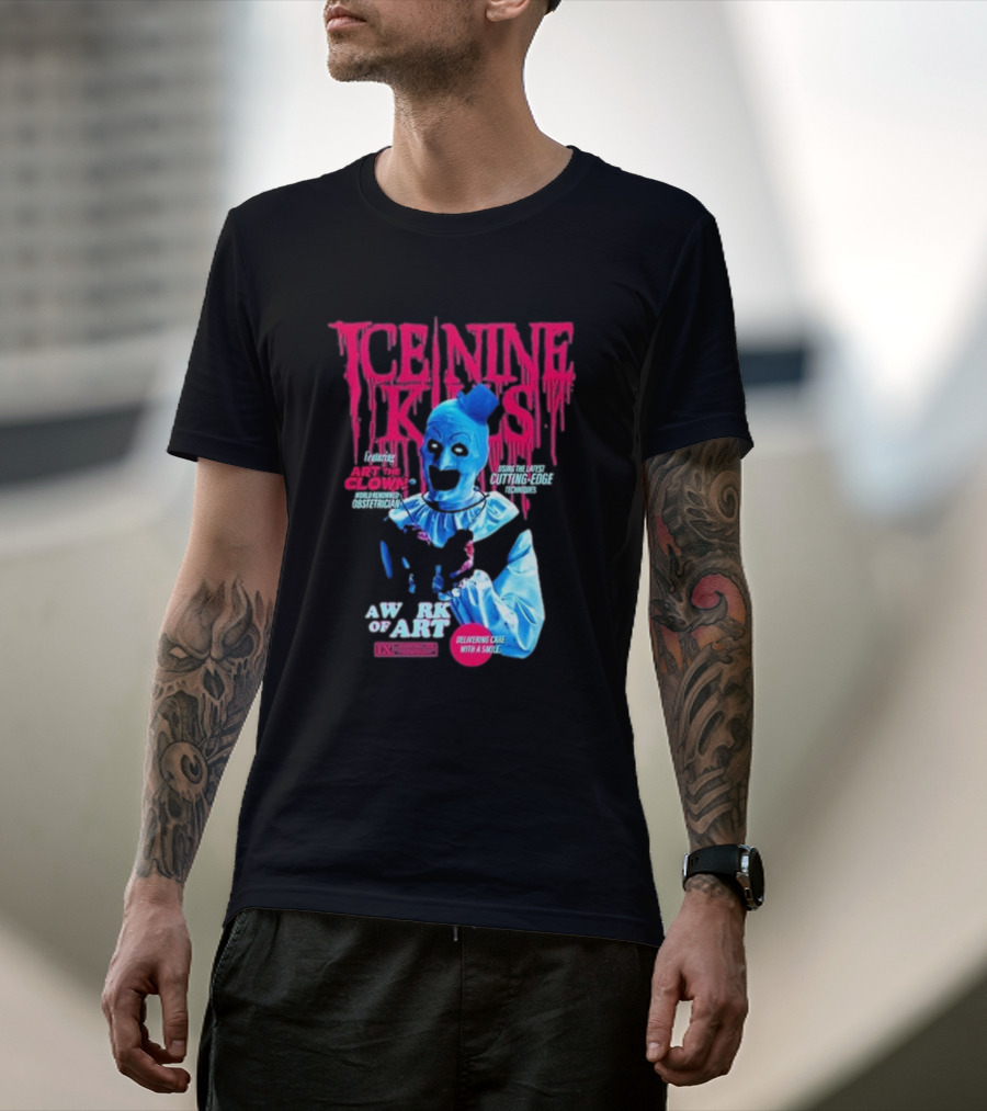 Rock Abilia Ice Nine Kills Black Featuring Art The Clown Cutting Edge Delivering Cake With A Smile T-Shirt