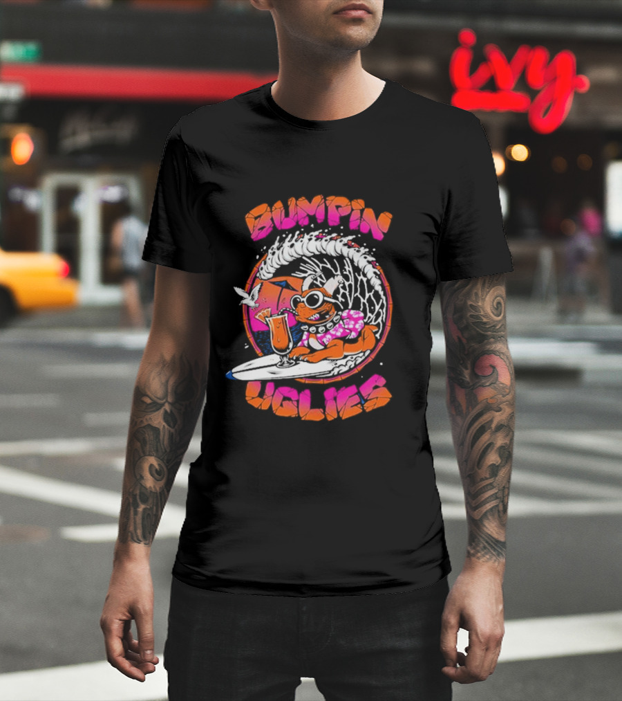 Bumpin Uglies Pug Riding Surf Wave With Cocktail And Sunglasses T-Shirt