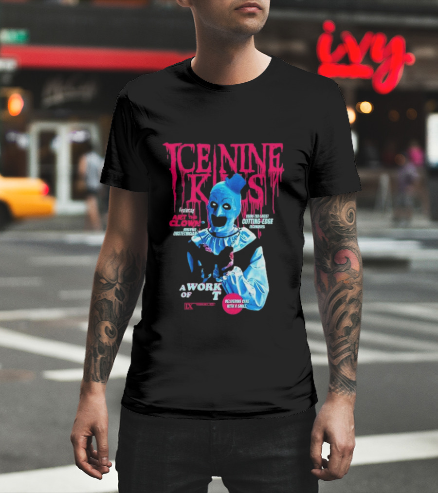 Ice Nine Kills Featuring Art The Clown Cutting Edge A Work Of T IX Delivering Cake With A Smile T-Shirt