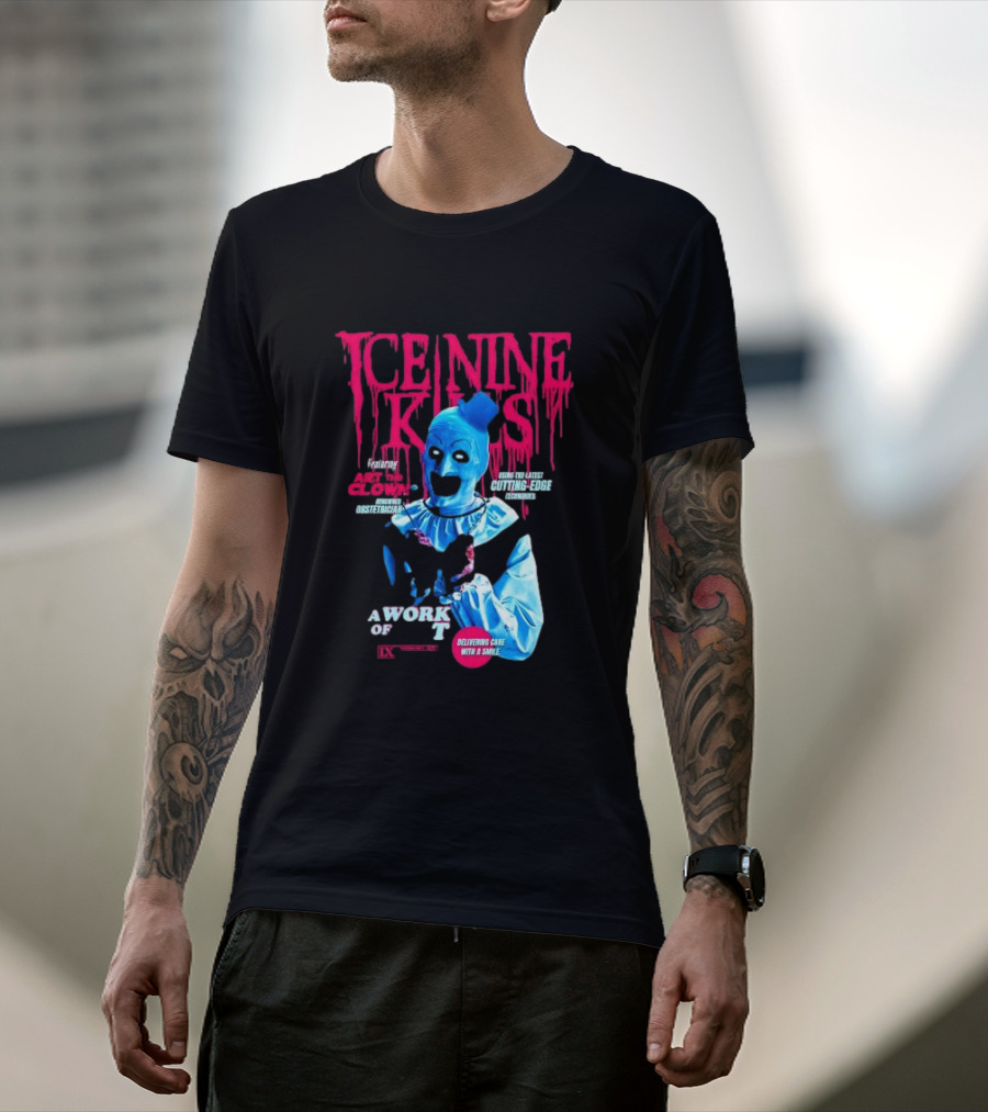 Ice Nine Kills Featuring Art The Clown Cutting Edge A Work Of T IX Delivering Cake With A Smile T-Shirt