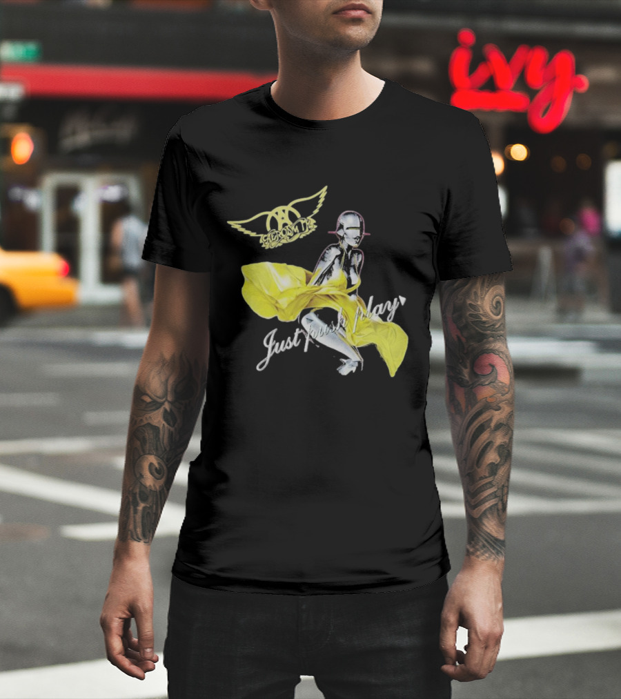 Aerosmith Just Push Play Logo With Futuristic Figure And Yellow Dress T-Shirt