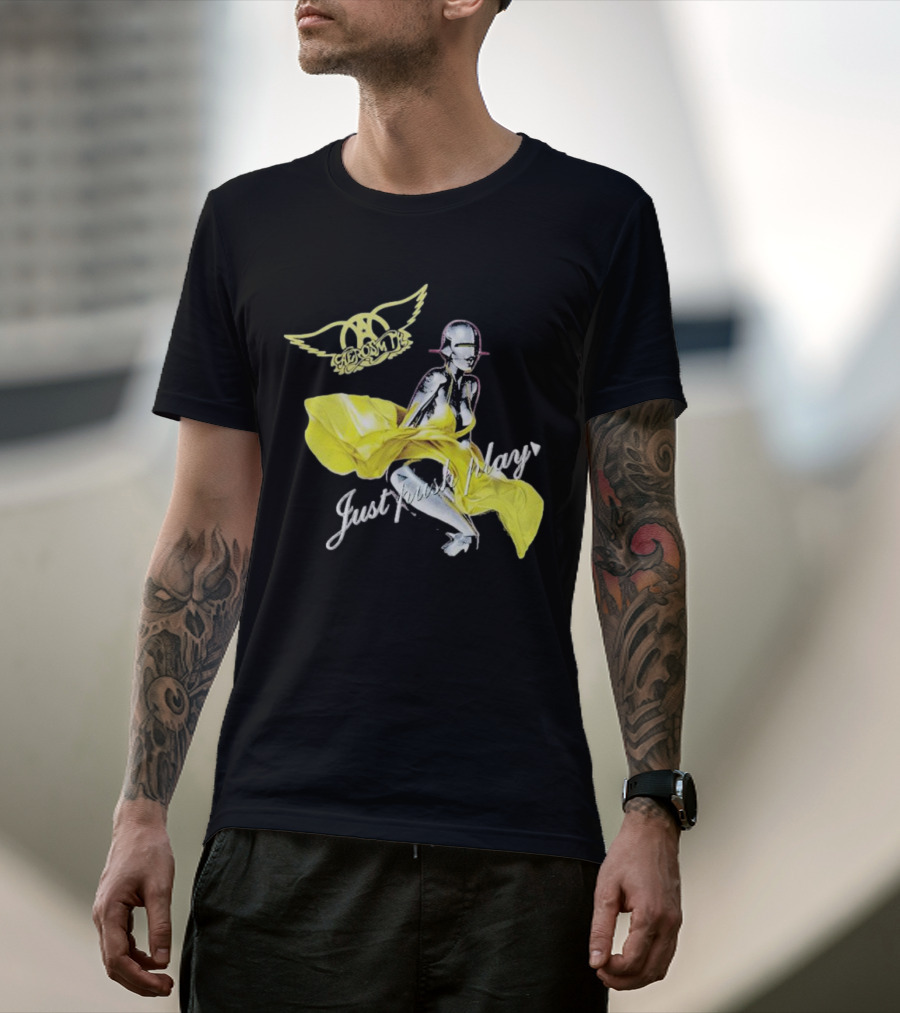 Aerosmith Just Push Play Logo With Futuristic Figure And Yellow Dress T-Shirt