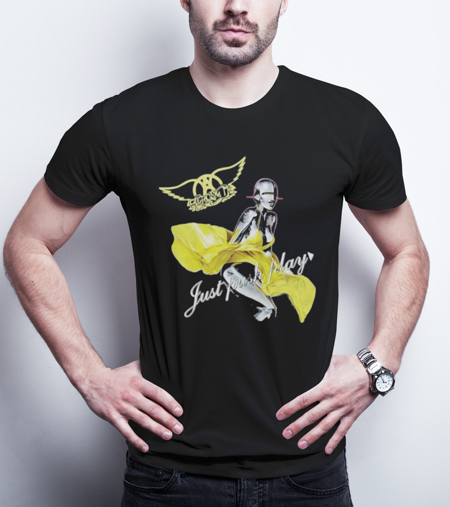 Aerosmith Just Push Play Logo With Futuristic Figure And Yellow Dress T-Shirt