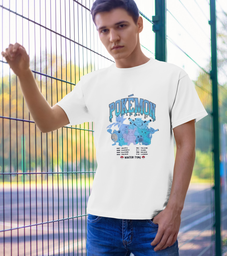 POKEMON Water Type Squirtle Wartortle Blastoise Poliwag Psyduck Golduck Poliwhirl Seadra Vaporeon T-Shirt
