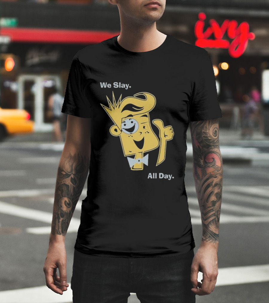 We Slay All Day Fgteev Shiny Yellow Character With Smile And Bow Tie T-Shirt
